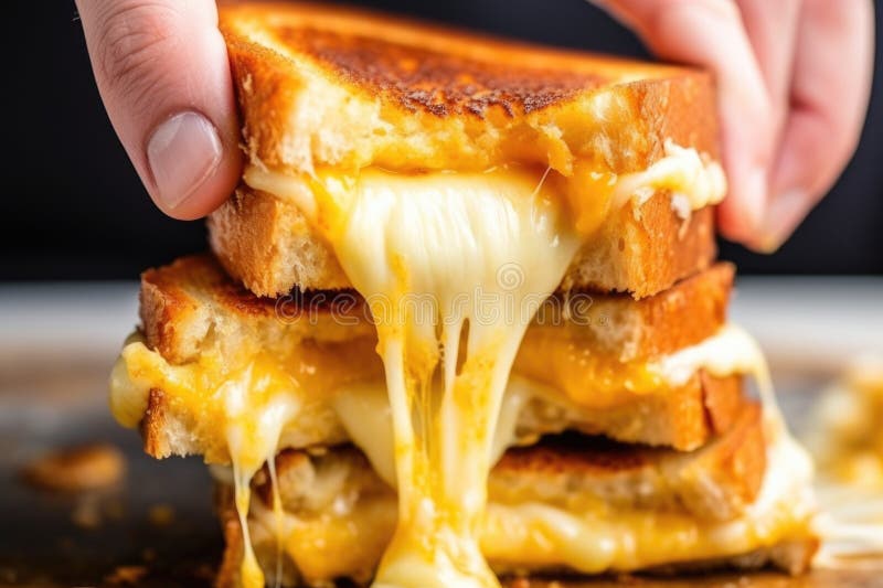 Hand Pulling Apart Grilled Cheese Sandwich Showing Gooey Cheese Stock ...