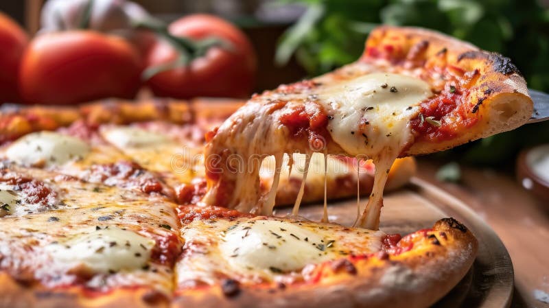 Hand Pulling Cheesy Slice from Pizza on Table. Cheesy Slice of ...