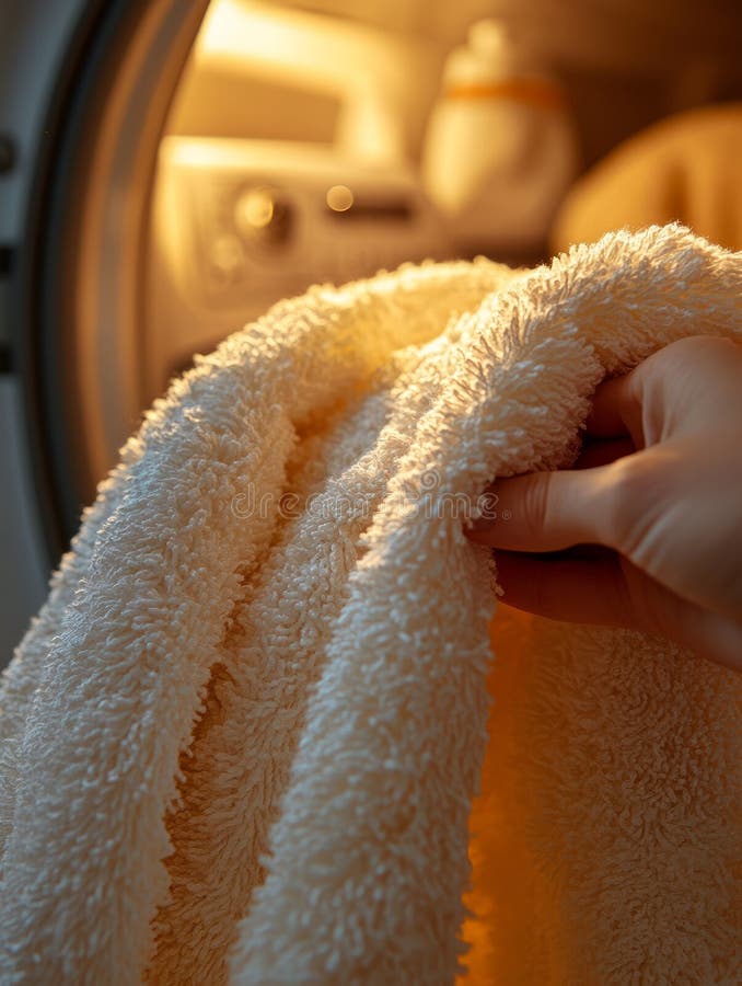 A Hand Pulling a Fluffy White Towel Out of a Washing Machine. Stock ...
