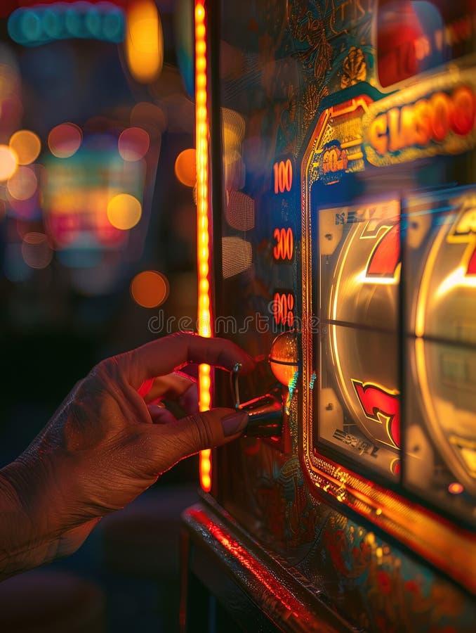 A Hand Pulling the Lever of a Vintage Slot Machine with Bright Symbols ...