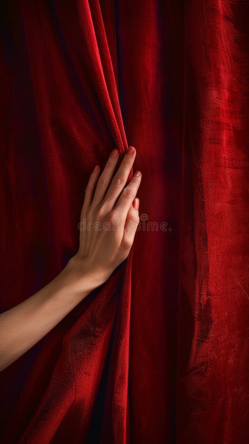 Hand Pulling Red Curtain, Dark Background Stock Photo - Image of ...