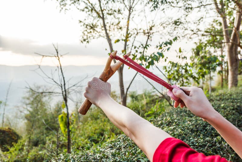 Hand Pulling Slingshot To Shoot Tree Seed To Forest Stock Photos - Free ...