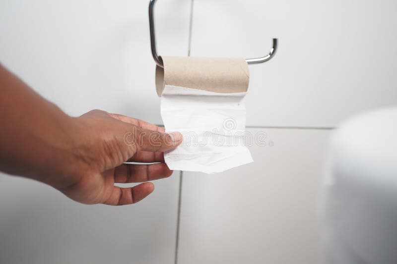 Hand Pulling Toilet Paper Roll in Holder Stock Photo - Image of hold ...