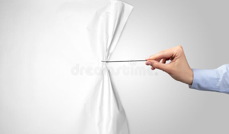 Hand Pulling White Paper Curtain Stock Photo - Image of gray, concrete ...