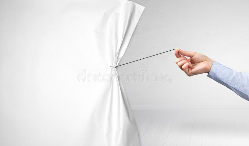Hand Pulling White Paper Curtain Stock Photo - Image of gray, cityscape ...