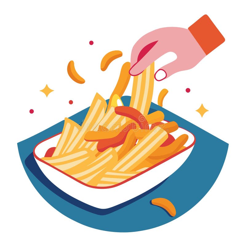 A Hand Pulls Bacon into Cheese Loaded French Fries Stock Vector ...