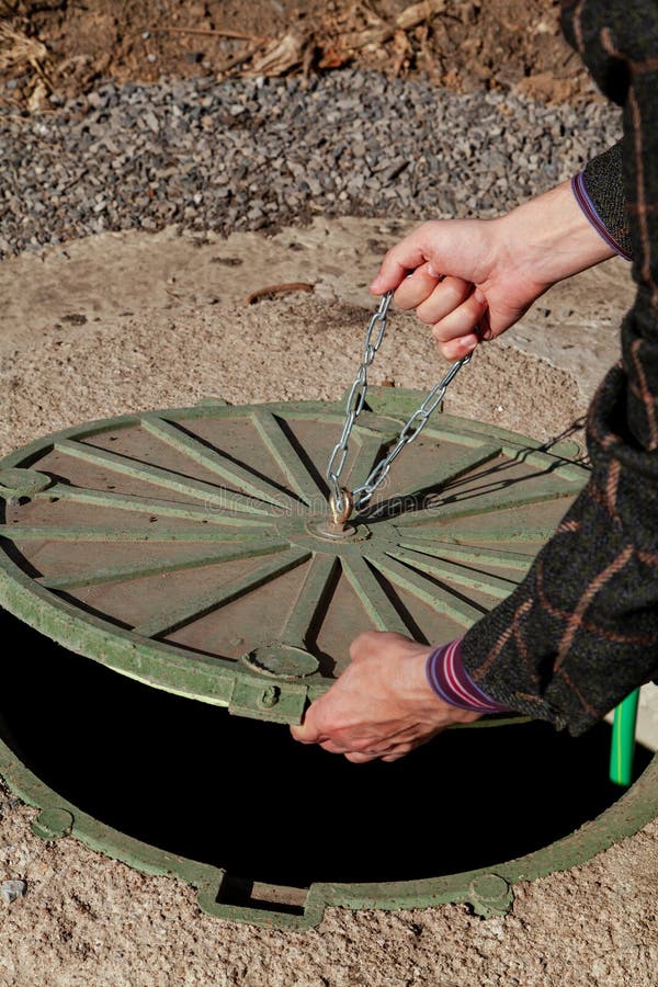 Hand Opens Sewer Hatch in Yard Stock Image - Image of access, edge ...