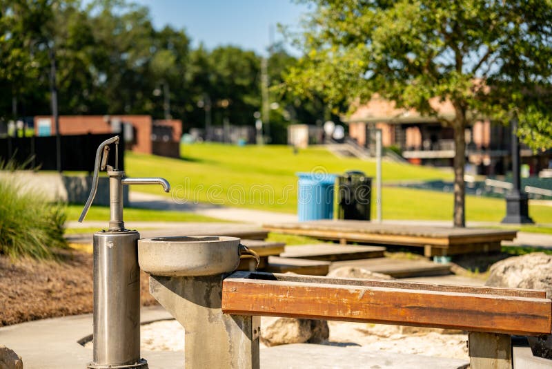 Hand Pump Water Fountain in the Park Scene Stock Photo - Image of water ...