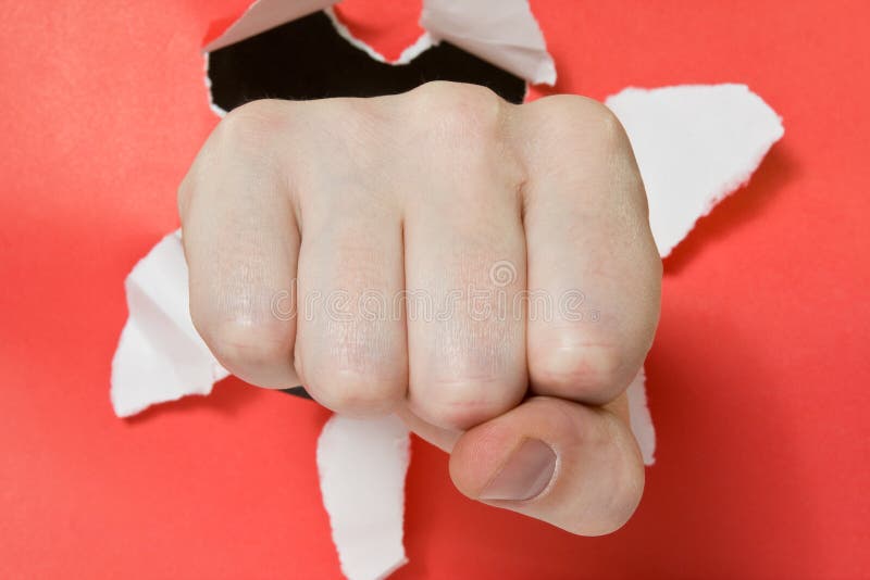 Hand Punching through Red Paper Stock Photo - Image of strike, angry ...