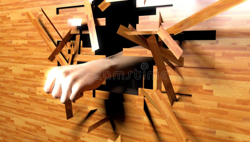 Hand punching through wood stock illustration. Illustration of ...