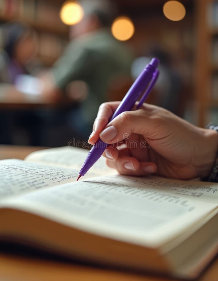 Hand with Purple Pen Text in Open Book. Student Study, Writing, Note ...