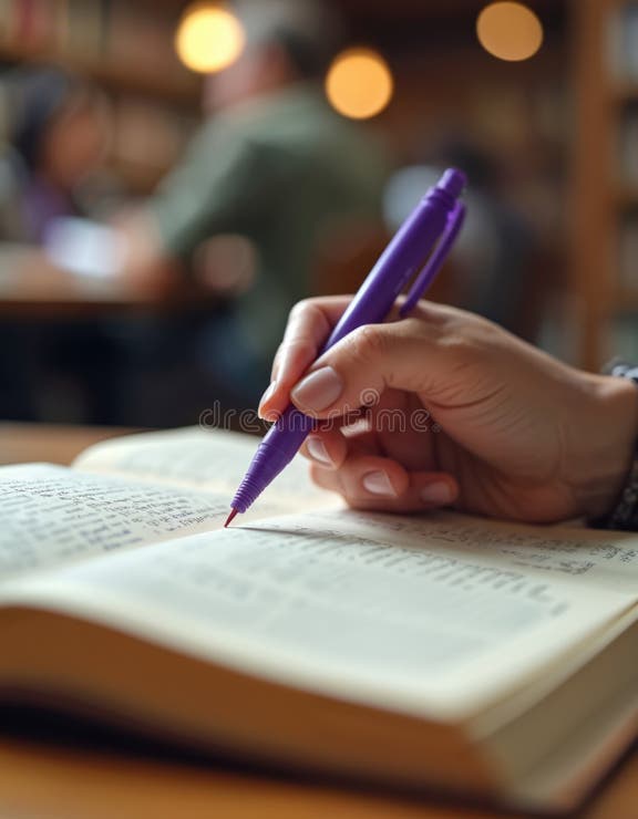 Hand with Purple Pen Text in Open Book. Student Study, Writing, Note ...
