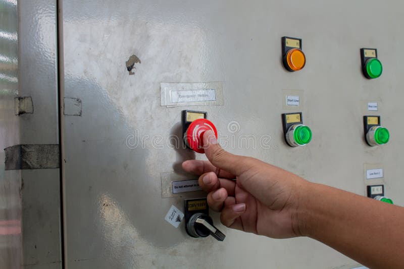 Hand Push Emergency Button in Product Line Stock Image - Image of panel ...