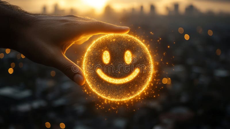 A Hand Pushes a Luminous Smiley Face Button on a Digital Screen Filled ...