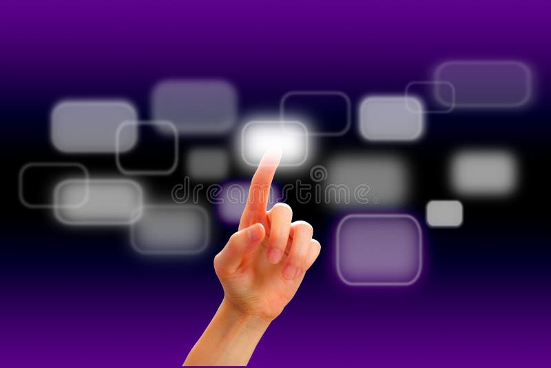 Hand Pushing a Button on a Touch Screen Interface Stock Photo - Image ...