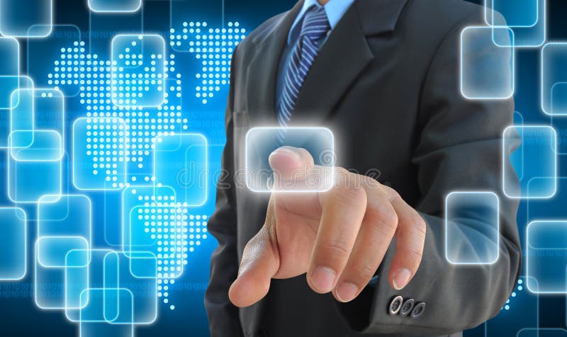 Businessman Hand Pushing New Technology Button on Modern Comput Stock ...