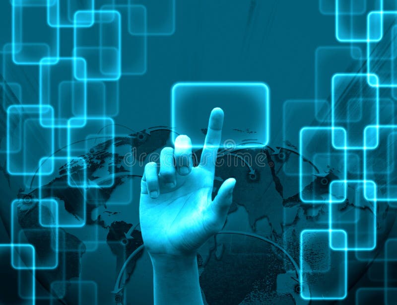 Hand Pushing Button on Abstract Technology Stock Image - Image of ...