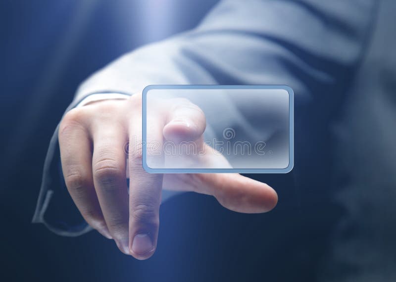 Hand Pushing a Button on a Touch Screen Interface. Stock Photo - Image ...