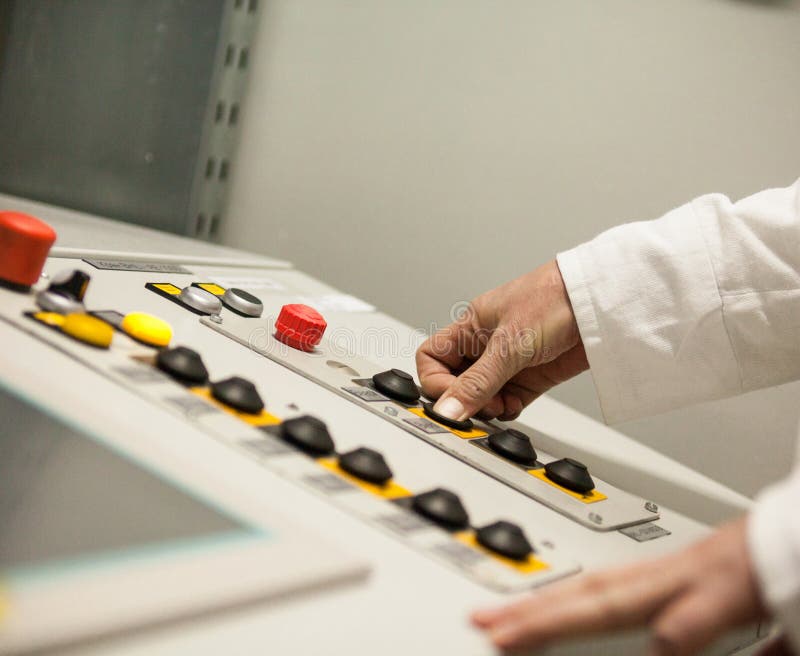 Hand Pushing the Button on the Control Panel Stock Image - Image of ...