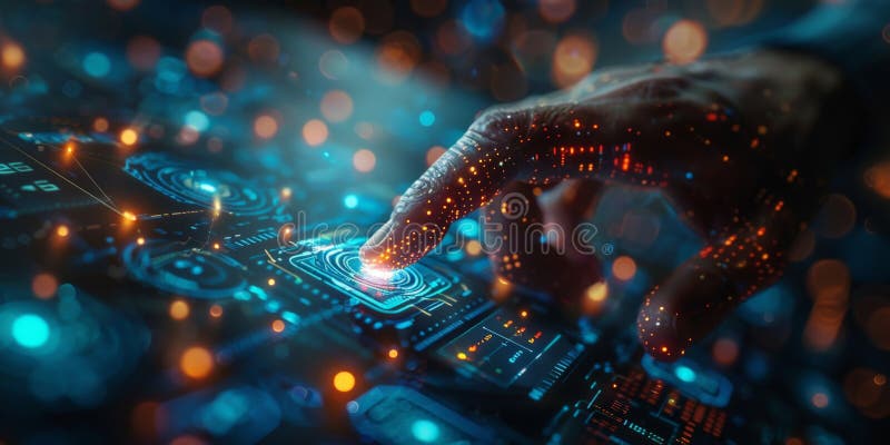 A Hand is Pushing a Button on a Futuristic Touch Screen Stock Photo ...