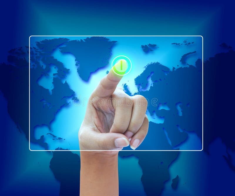 Hand Pushing a Button on a Touch Screen Stock Photo - Image of advanced ...