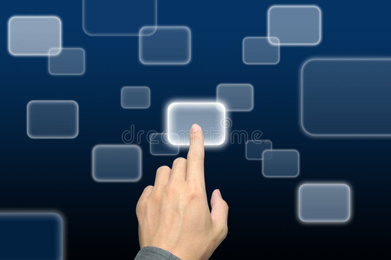 Hand Pushing a Button on a Touch Screen Interface Stock Photo - Image ...