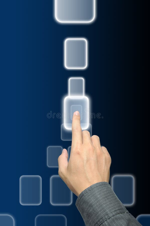 Hand Pushing a Button on a Touch Screen Interface Stock Photo - Image ...
