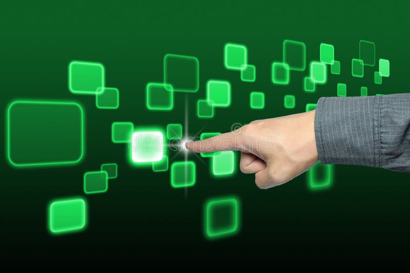 Hand Pushing a Button on a Touch Screen Interface Stock Photo - Image ...