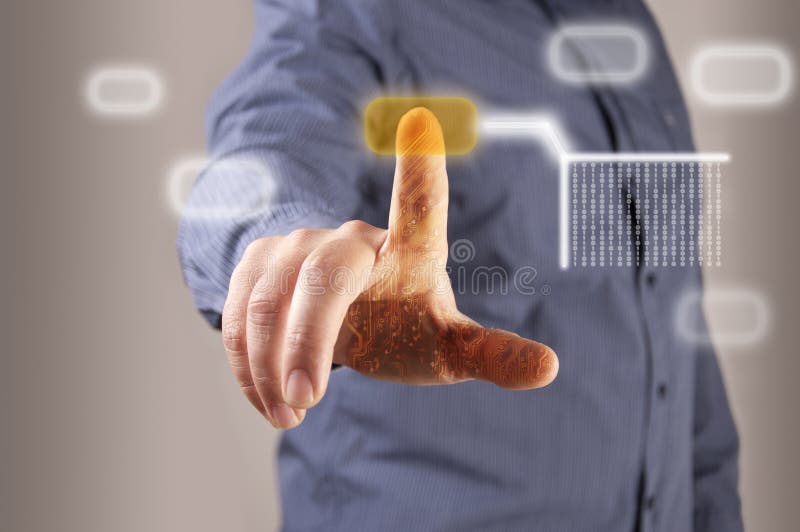 Hand Pushing On A Touch Screen Interface Stock Photo - Image of connect ...