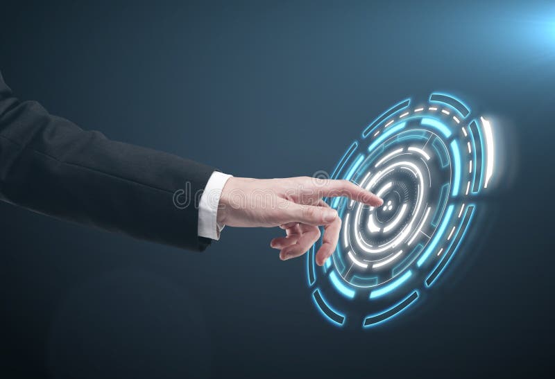 Hand Pushing a Button on a Touch Screen Interface. Stock Photo - Image ...