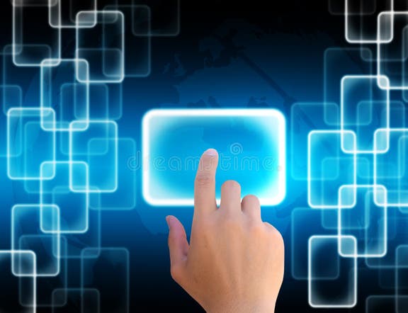 Hand Pushing Button on a Touch Screen Interface Stock Illustration ...