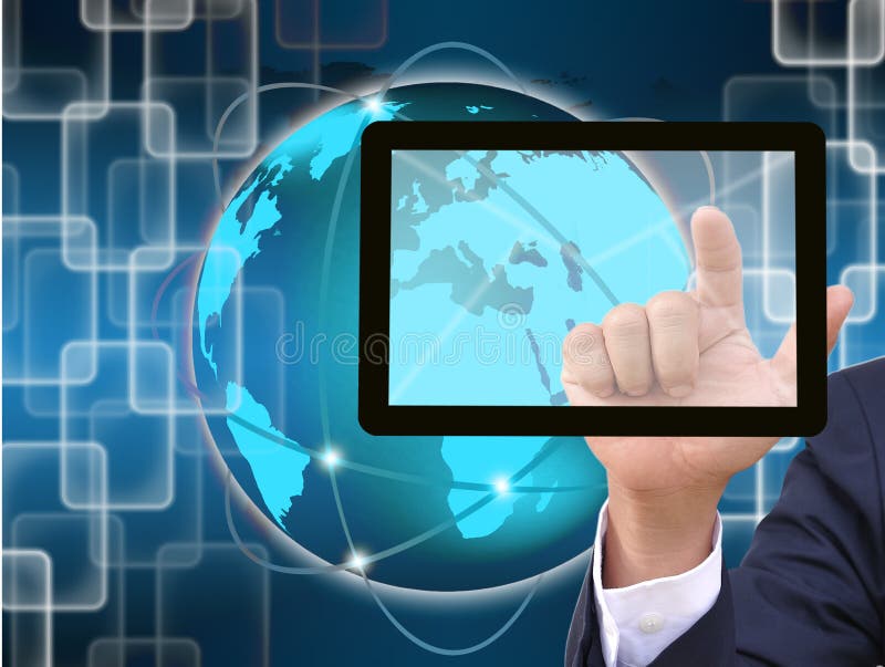 Hand Pushing Button on a Touch Screen Interface Stock Illustration ...