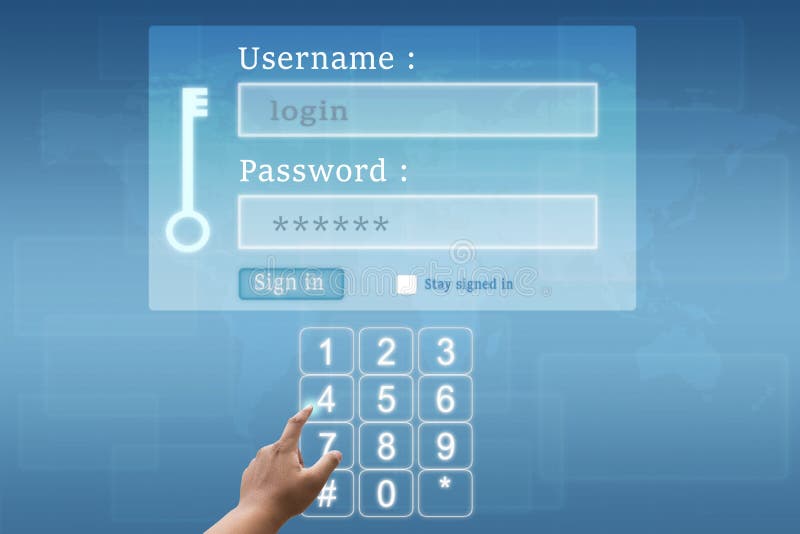 Hand Pushing a Button on Touch Screen Interface Login and Password with ...