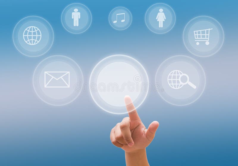 Hand Pushing a Button on a Touch Screen Interface Stock Photo - Image ...