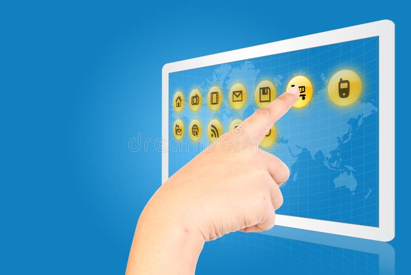 Hand Pushing Digital Button on Tablet Screen. Stock Image - Image of ...