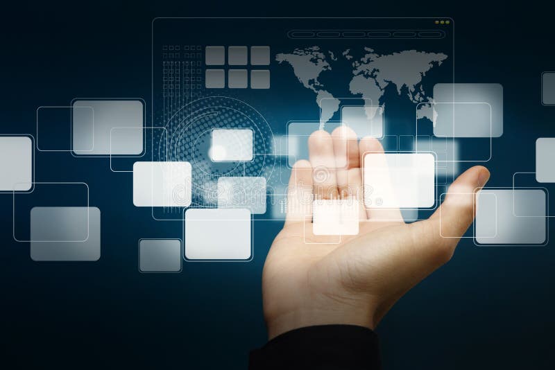 Hand Pushing on Touch Screen Interface Stock Photo - Image of reality ...