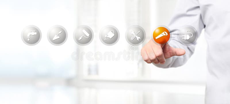 Hand Pushing on a Touch Screen Interface Handyman Symbol Icon, C Stock ...