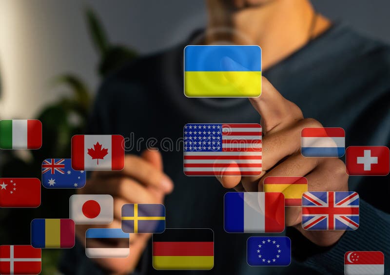 Hand Pushing on a Touch Screen Interface, Choosing Ukraine. Flags of ...