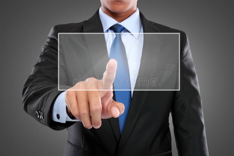 Hand Pushing a Button on a Touch Screen Interface Stock Photo - Image ...