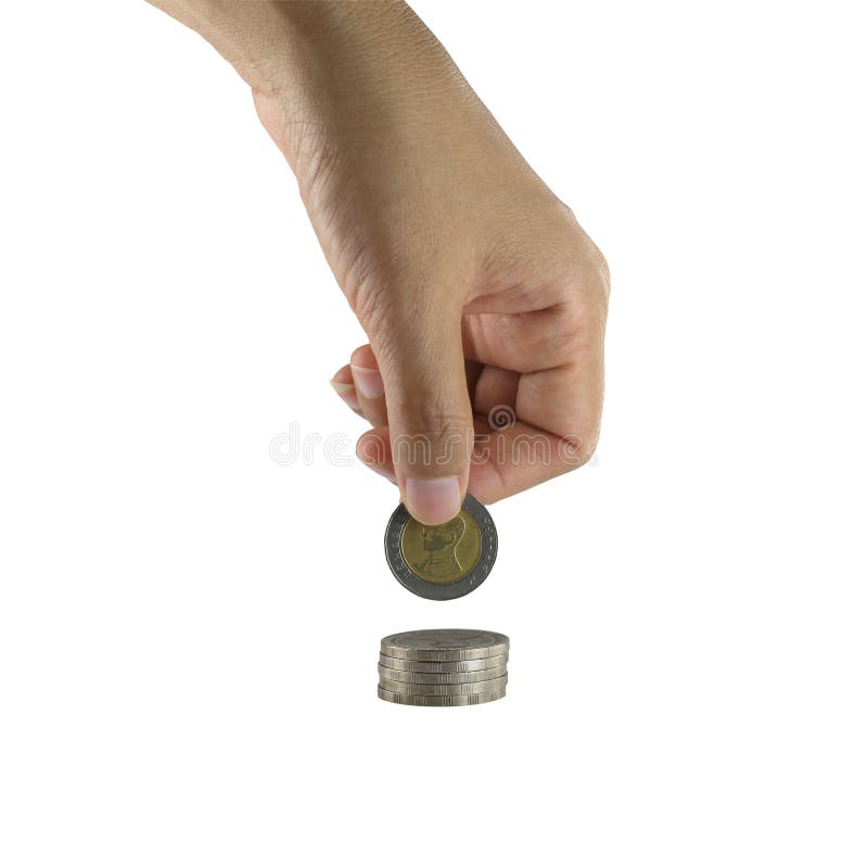 Hand Put Coins To Stack Isolated on White. Stock Image - Image of pile ...