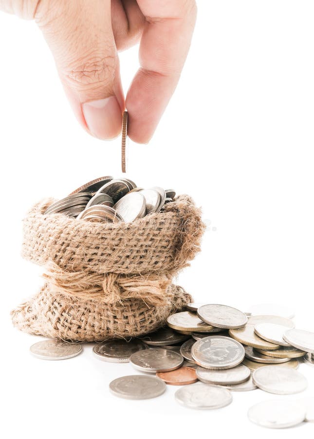 Hand Put Down Money Coin To Sack Isolated Stock Image - Image of white ...