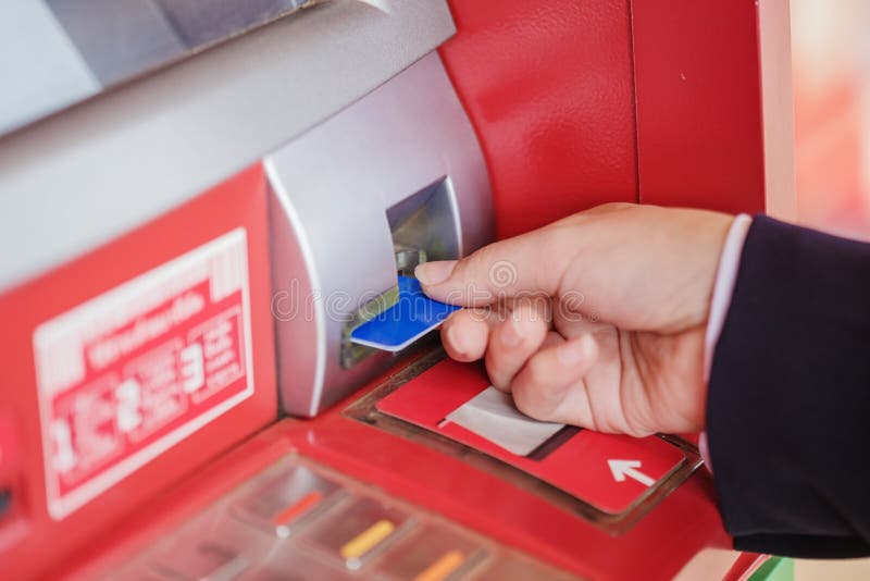 Hand Puts Credit Card into ATM Stock Photo - Image of electronic ...