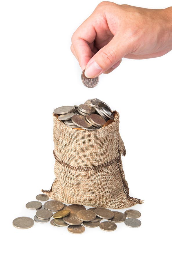 Hand Putting Coin into Gunny Bag Stock Photo - Image of economy ...