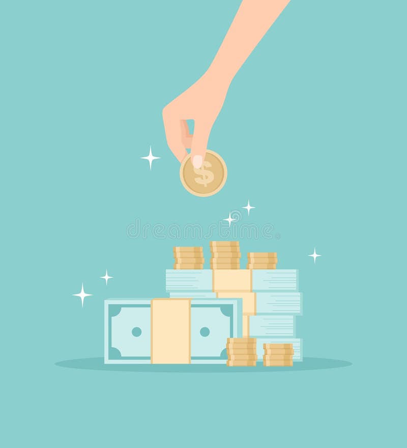 Hand Putting a Coin on a Stack of Banknotes and Coins, Vector ...