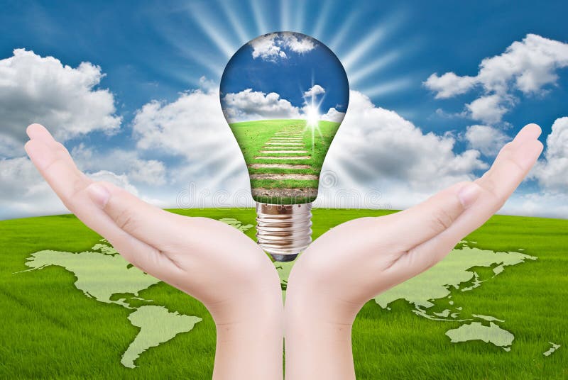 Hand Putting Light Bulb for Save World. Stock Illustration ...