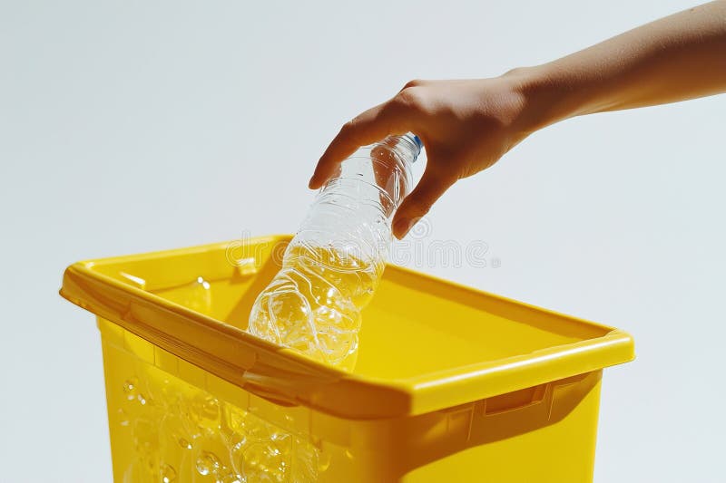 Hand Putting a Plastic Bottle Litter in Yellow Recycling Trash Can. the ...