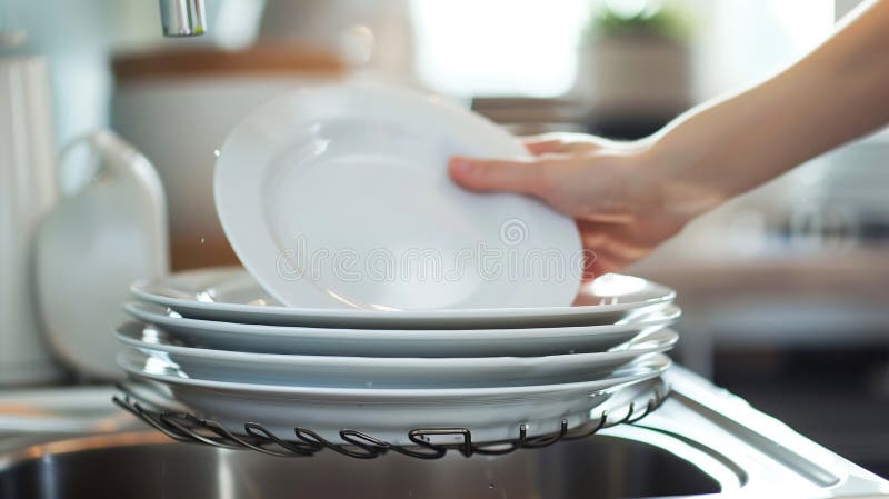 Hand Putting Plates in Dish Drying Rack Stock Image - Image of close ...