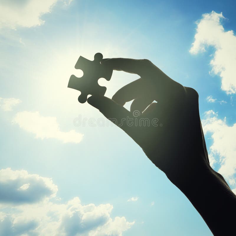 Hand, Puzzle and Solution with Clouds in Sky with Problem Solving, Lens ...