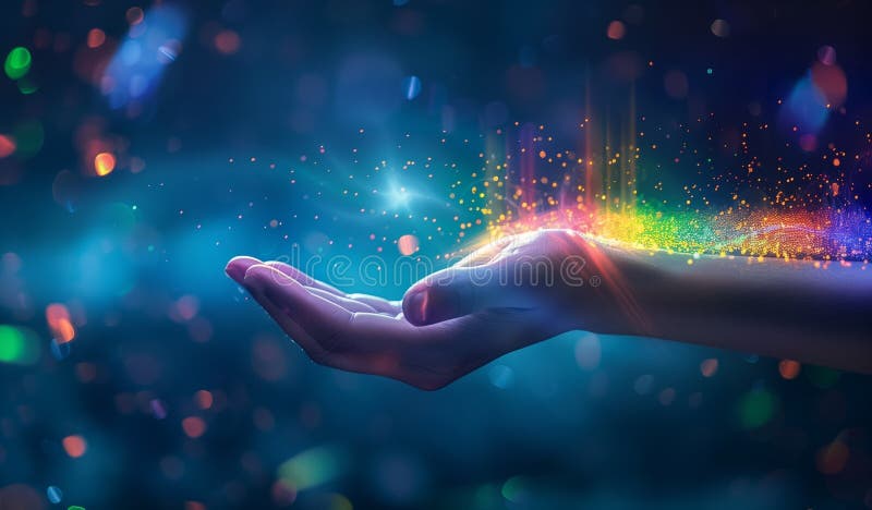 Hand with Rainbow-glowing Light Particles, Palm Open and Empty on a ...
