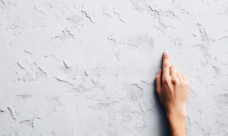 A Raised Index Finger Makes Contact with a Textured Gray Wall ...